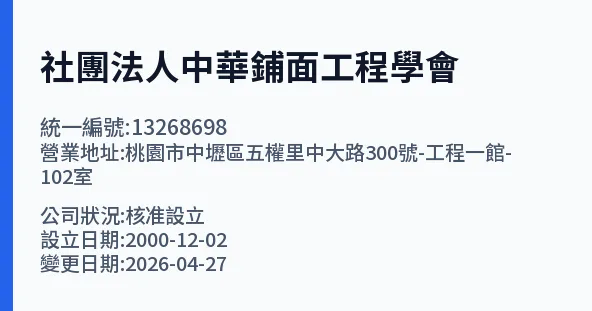 社團法人中華鋪面工程學會的照片-統編 13268698(桃園市) 公司登記資料與營業項目詳細圖表