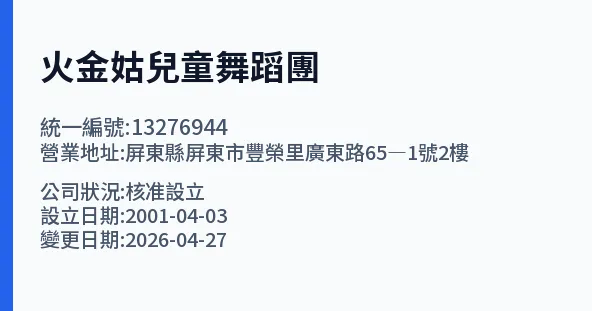 火金姑兒童舞蹈團的照片-統編 13276944(屏東縣) 公司登記資料與營業項目詳細圖表