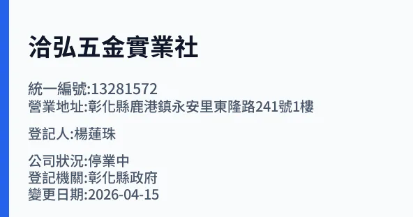 洽弘五金實業社的照片-統編 13281572(彰化縣) 公司登記資料與營業項目詳細圖表