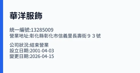 華洋服飾的照片-統編 13285009(彰化縣) 公司登記資料與營業項目詳細圖表
