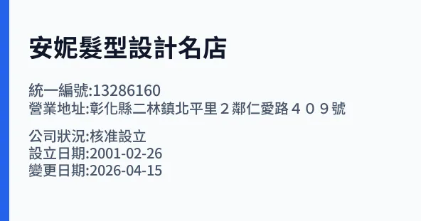安妮髮型設計名店的照片-統編 13286160(彰化縣) 公司登記資料與營業項目詳細圖表