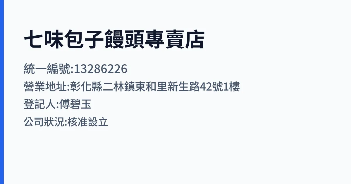 七味包子饅頭專賣店 - 統編 13286226(彰化縣) 公司登記資料與營業項目詳細圖表