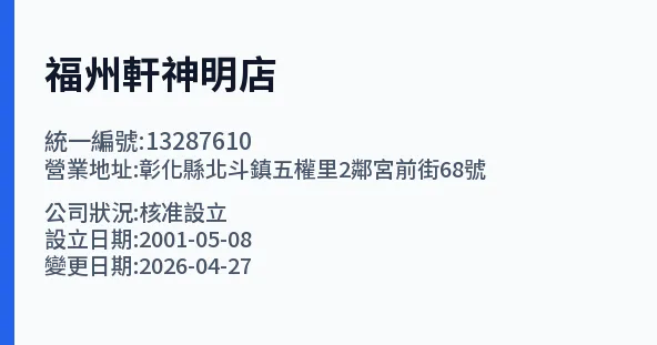 福州軒神明店的照片-統編 13287610(彰化縣) 公司登記資料與營業項目詳細圖表