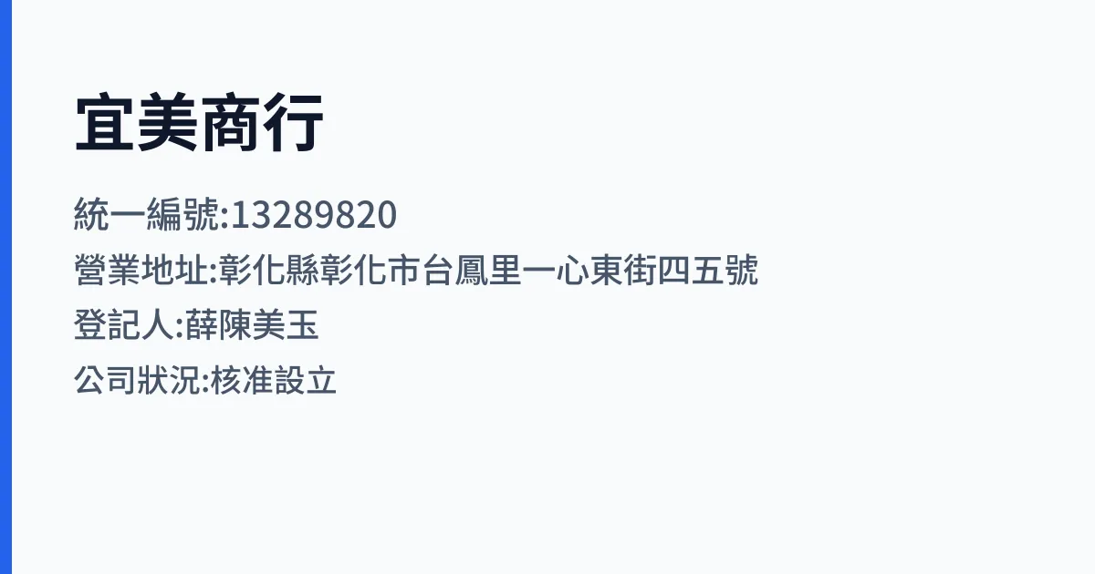 宜美商行 - 統編 13289820(彰化縣) 公司登記資料與營業項目詳細圖表