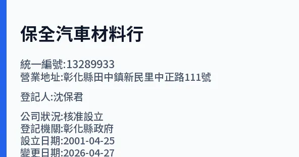 保全汽車材料行的照片-統編 13289933(彰化縣) 公司登記資料與營業項目詳細圖表