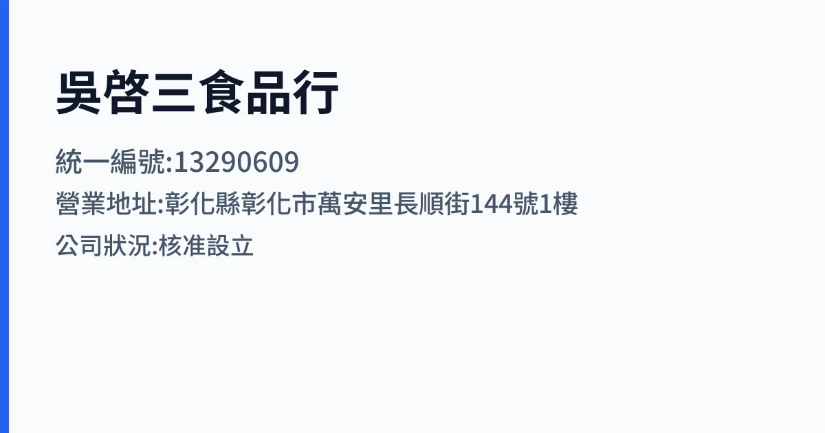 吳啓三食品行 - 統編 13290609(彰化縣) 公司登記資料與營業項目詳細圖表