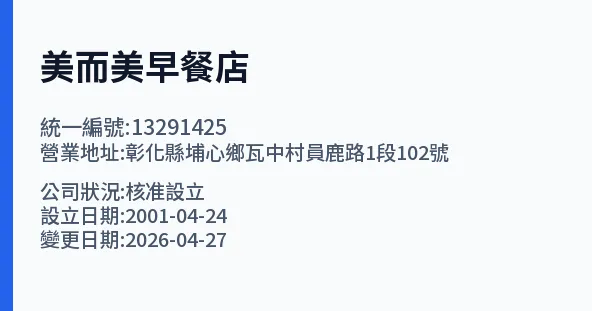 美而美早餐店的照片-統編 13291425(彰化縣) 公司登記資料與營業項目詳細圖表
