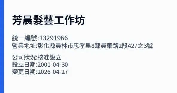芳晨髮藝工作坊的照片-統編 13291966(彰化縣) 公司登記資料與營業項目詳細圖表