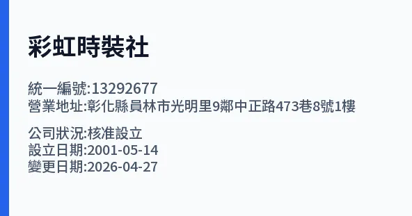 彩虹時裝社的照片-統編 13292677(彰化縣) 公司登記資料與營業項目詳細圖表
