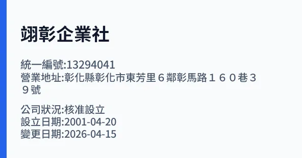 翊彰企業社的照片-統編 13294041(彰化縣) 公司登記資料與營業項目詳細圖表