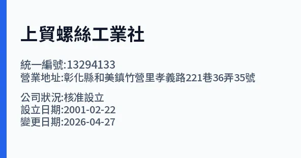 上貿螺絲工業社的照片-統編 13294133(彰化縣) 公司登記資料與營業項目詳細圖表