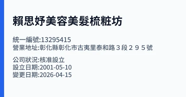 賴思妤美容美髮梳粧坊的照片-統編 13295415(彰化縣) 公司登記資料與營業項目詳細圖表