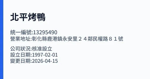 北平烤鴨的照片-統編 13295490(彰化縣) 公司登記資料與營業項目詳細圖表