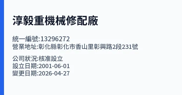 淳毅重機械修配廠的照片-統編 13296272(彰化縣) 公司登記資料與營業項目詳細圖表