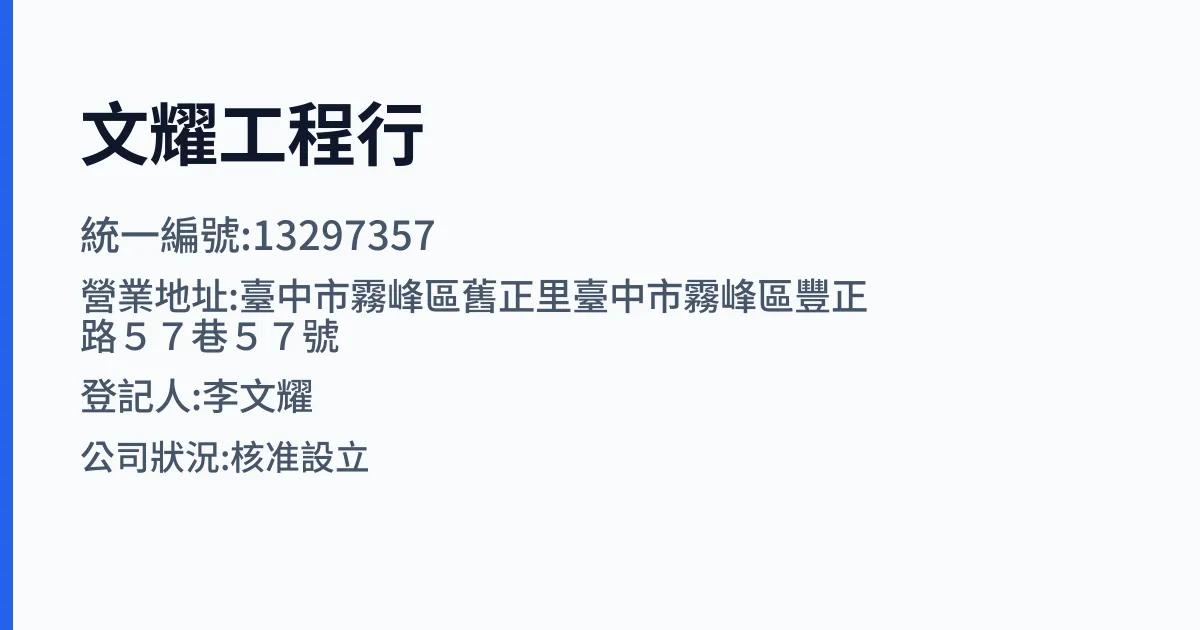 文耀工程行 - 統編 13297357(彰化縣) 公司登記資料與營業項目詳細圖表