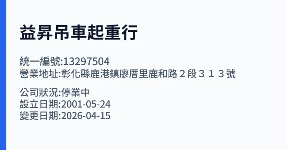 益昇吊車起重行的照片-統編 13297504(彰化縣) 公司登記資料與營業項目詳細圖表