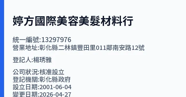 婷方國際美容美髮材料行的照片-統編 13297976(彰化縣) 公司登記資料與營業項目詳細圖表