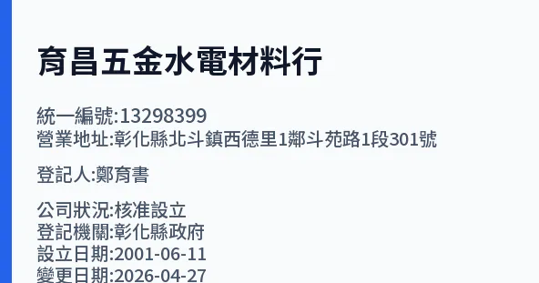 育昌五金水電材料行的照片-統編 13298399(彰化縣) 公司登記資料與營業項目詳細圖表