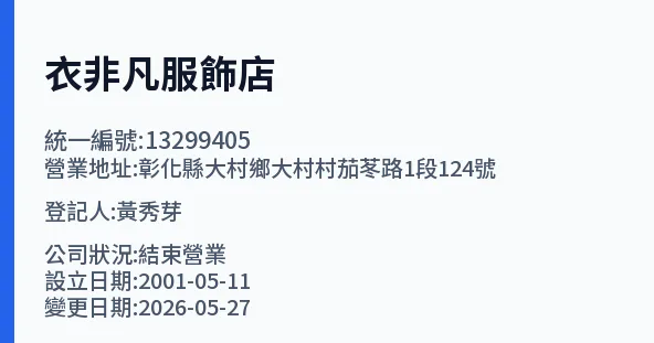 衣非凡服飾店的照片-統編 13299405(彰化縣) 公司登記資料與營業項目詳細圖表