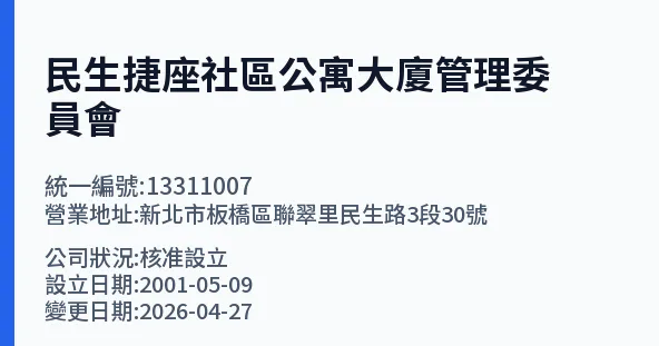 民生捷座社區公寓大廈管理委員會的照片-統編 13311007(新北市) 公司登記資料與營業項目詳細圖表