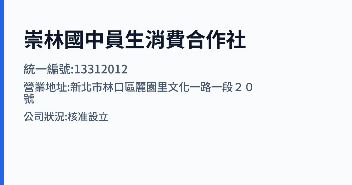 崇林國中員生消費合作社 - 統編 13312012(新北市) 公司登記資料與營業項目詳細圖表