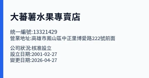 大蕃薯水果專賣店的照片-統編 13321429(高雄市) 公司登記資料與營業項目詳細圖表