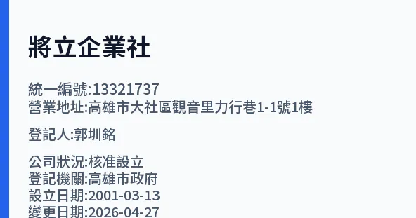 將立企業社的照片-統編 13321737(高雄市) 公司登記資料與營業項目詳細圖表
