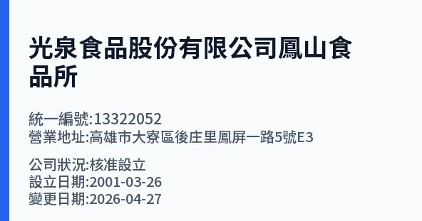 光泉食品股份有限公司鳳山食品所的照片-統編 13322052(高雄市) 公司登記資料與營業項目詳細圖表