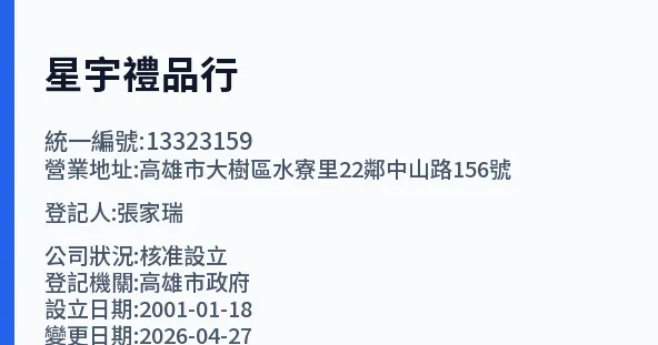 星宇禮品行的照片-統編 13323159(高雄市) 公司登記資料與營業項目詳細圖表