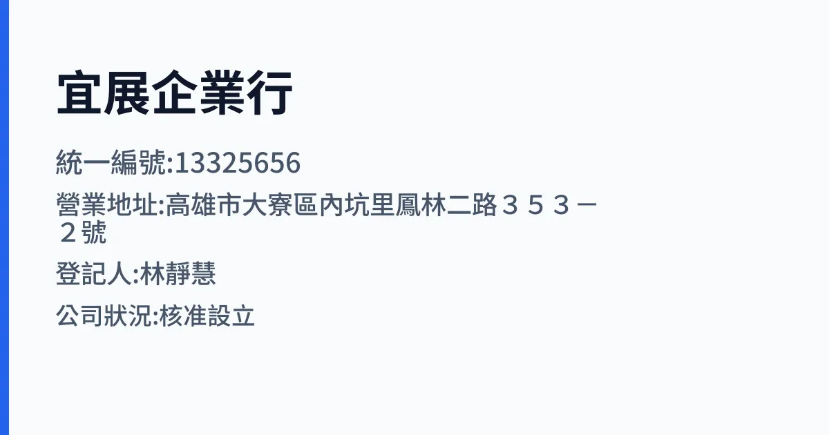 宜展企業行 - 統編 13325656(高雄市) 公司登記資料與營業項目詳細圖表