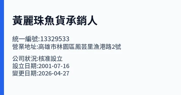 黃麗珠魚貨承銷人的照片-統編 13329533(高雄市) 公司登記資料與營業項目詳細圖表