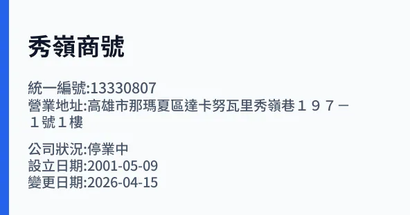 秀嶺商號的照片-統編 13330807(高雄市) 公司登記資料與營業項目詳細圖表