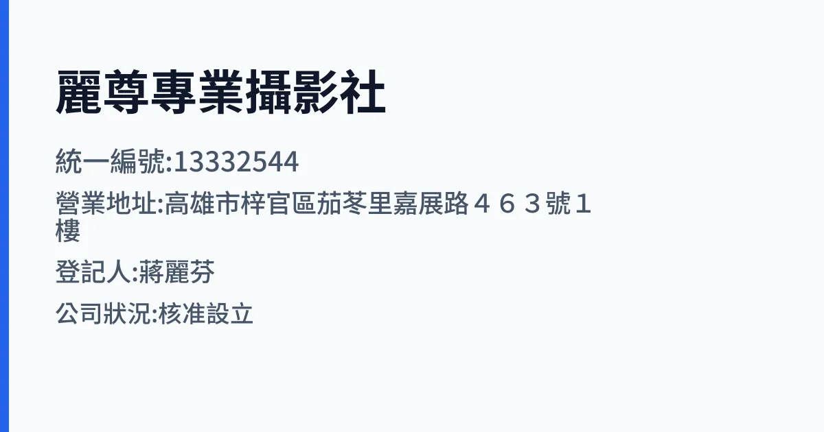 麗尊專業攝影社 - 統編 13332544(高雄市) 公司登記資料與營業項目詳細圖表