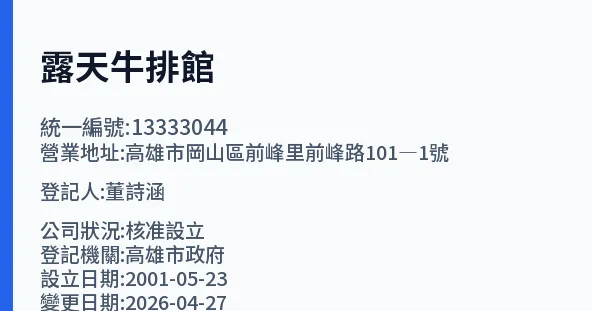 露天牛排館的照片-統編 13333044(高雄市) 公司登記資料與營業項目詳細圖表