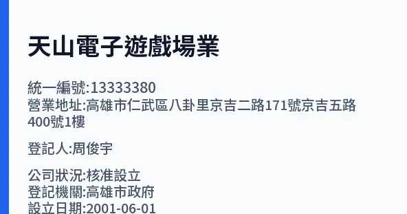天山電子遊戲場業的照片-統編 13333380(高雄市) 公司登記資料與營業項目詳細圖表