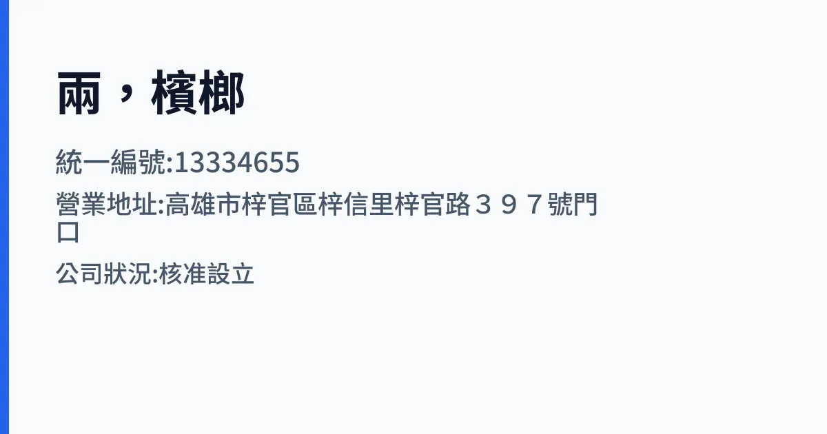 兩，檳榔 - 統編 13334655(高雄市) 公司登記資料與營業項目詳細圖表