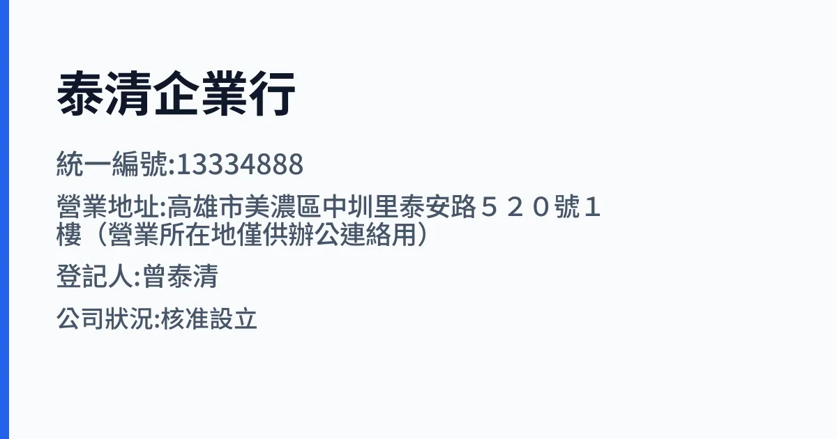 泰清企業行 - 統編 13334888(高雄市) 公司登記資料與營業項目詳細圖表