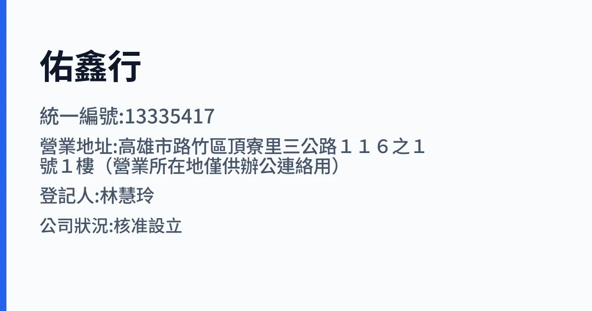 佑鑫行 - 統編 13335417(高雄市) 公司登記資料與營業項目詳細圖表
