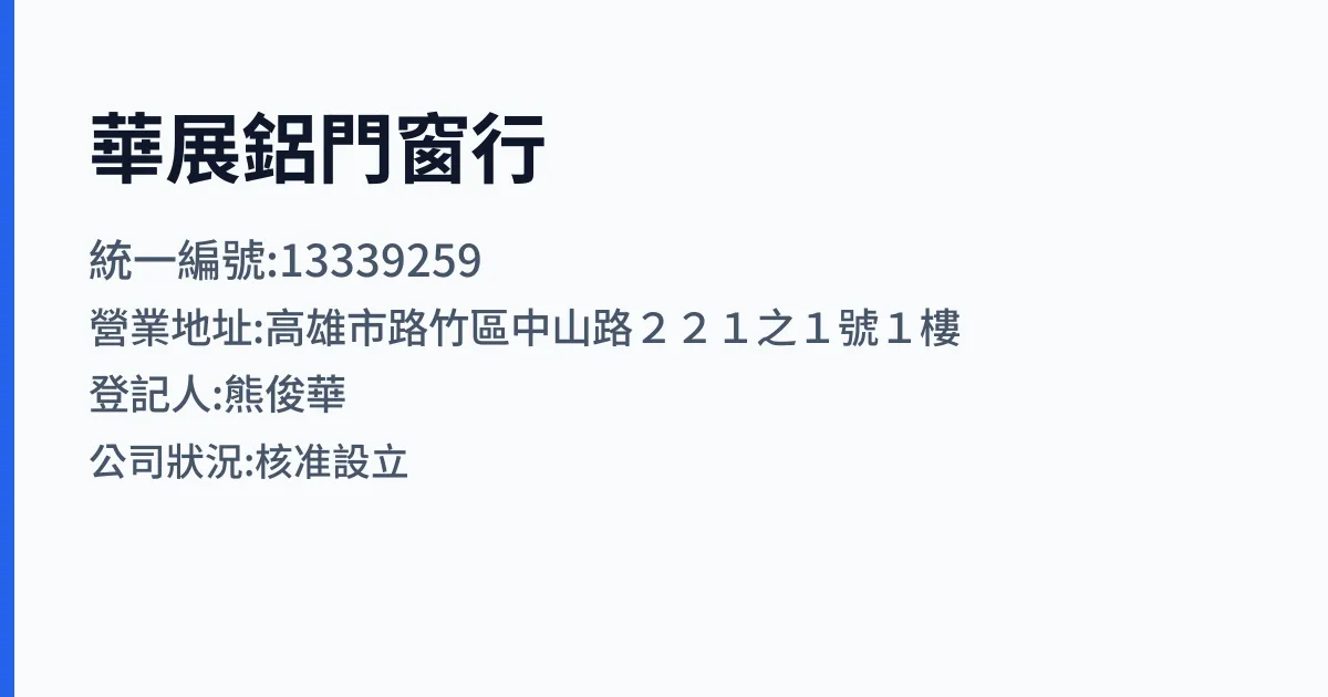 華展鋁門窗行 - 統編 13339259(高雄市) 公司登記資料與營業項目詳細圖表