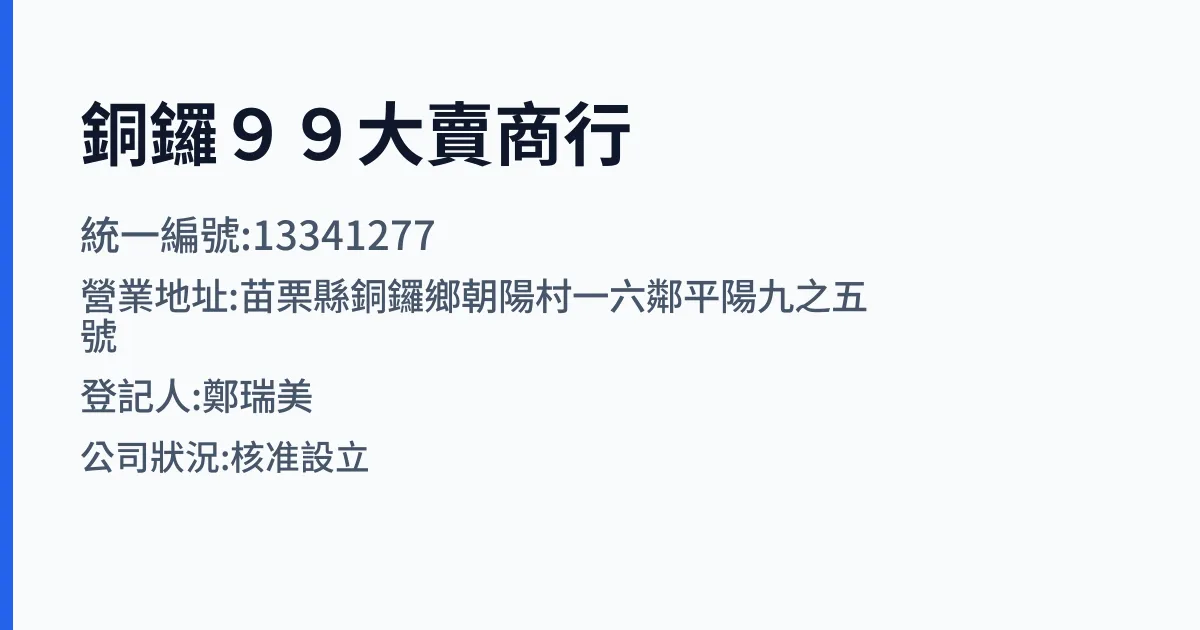 銅鑼９９大賣商行 - 統編 13341277(苗栗縣) 公司登記資料與營業項目詳細圖表