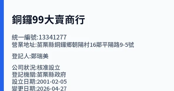 銅鑼99大賣商行的照片-統編 13341277(苗栗縣) 公司登記資料與營業項目詳細圖表