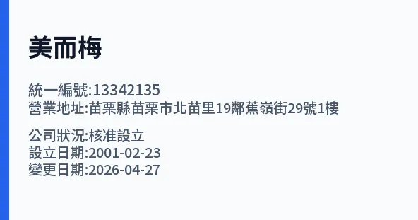 美而梅的照片-統編 13342135(苗栗縣) 公司登記資料與營業項目詳細圖表