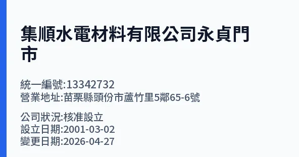 集順水電材料有限公司永貞門市的照片-統編 13342732(苗栗縣) 公司登記資料與營業項目詳細圖表