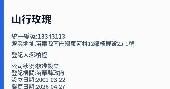 山行玫瑰的照片-統編 13343113(苗栗縣) 公司登記資料與營業項目詳細圖表