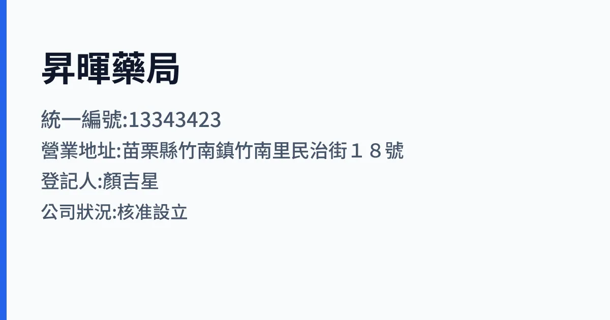 昇暉藥局 - 統編 13343423(苗栗縣) 公司登記資料與營業項目詳細圖表
