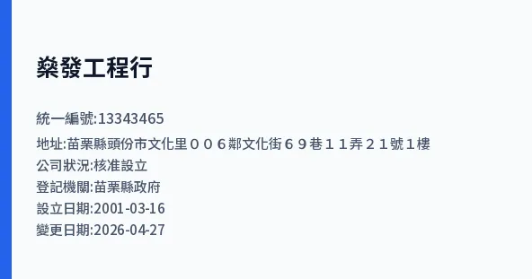 燊發工程行的照片-統編 13343465(苗栗縣) 公司登記資料與營業項目詳細圖表