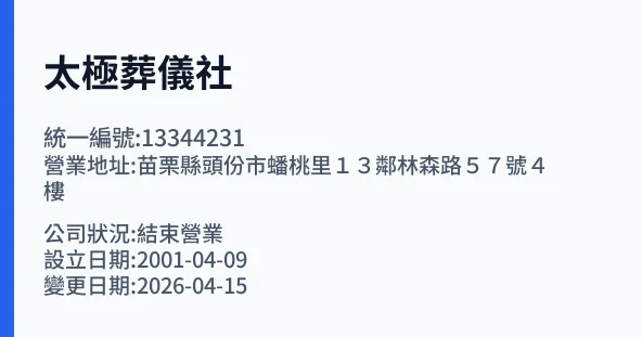 太極葬儀社的照片-統編 13344231(苗栗縣) 公司登記資料與營業項目詳細圖表