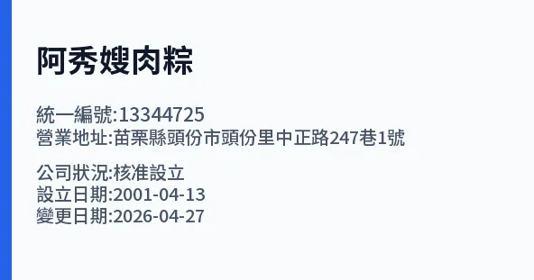 阿秀嫂肉粽的照片-統編 13344725(苗栗縣) 公司登記資料與營業項目詳細圖表