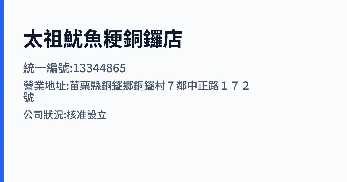 太祖魷魚粳銅鑼店 - 統編 13344865(苗栗縣) 公司登記資料與營業項目詳細圖表