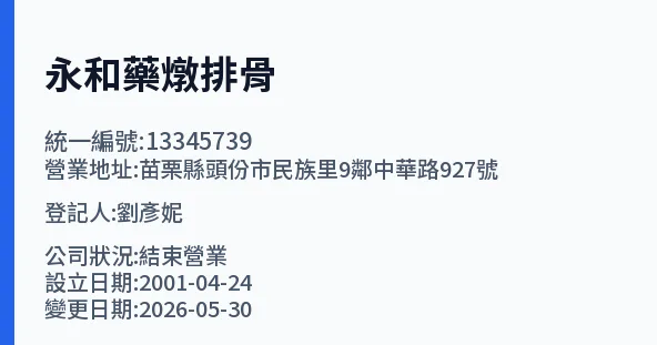 永和藥燉排骨的照片-統編 13345739(苗栗縣) 公司登記資料與營業項目詳細圖表